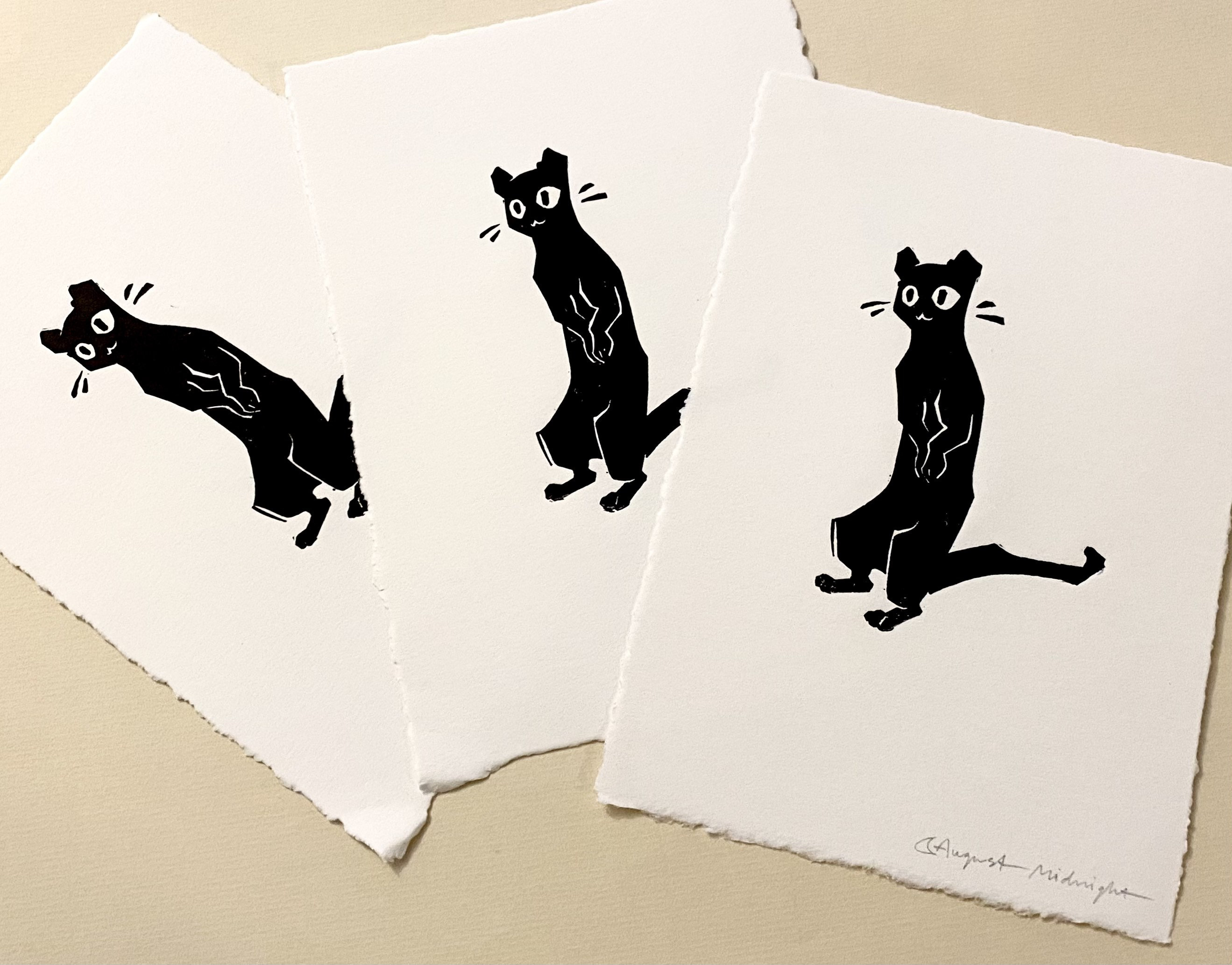 Little Black Cat III Linocut - Printmaking - 5x7 Cute Pet Art - Deckle ...