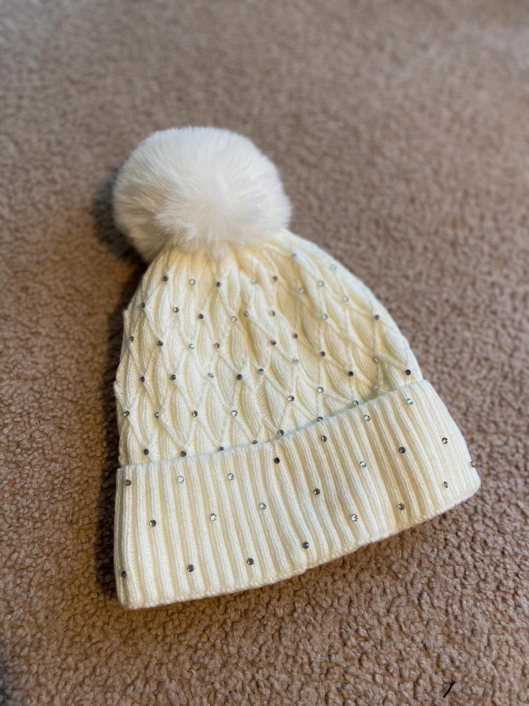 Rhinestone Pom Pom Beanie: Women's Sparkly Cable Knit Hat - Etsy
