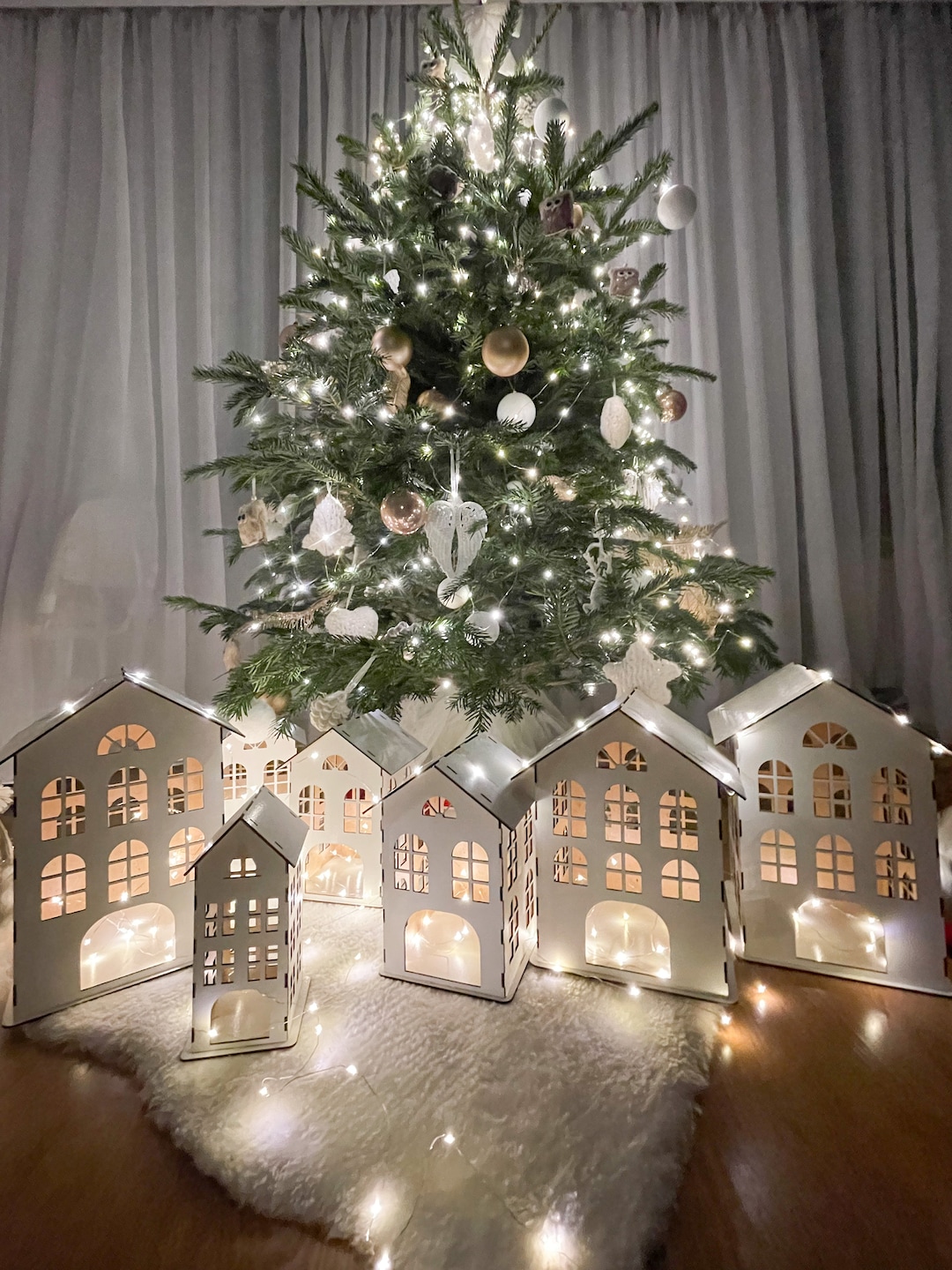 Wooden Christmas Village: White Holiday Houses, Rustic Decor - Etsy