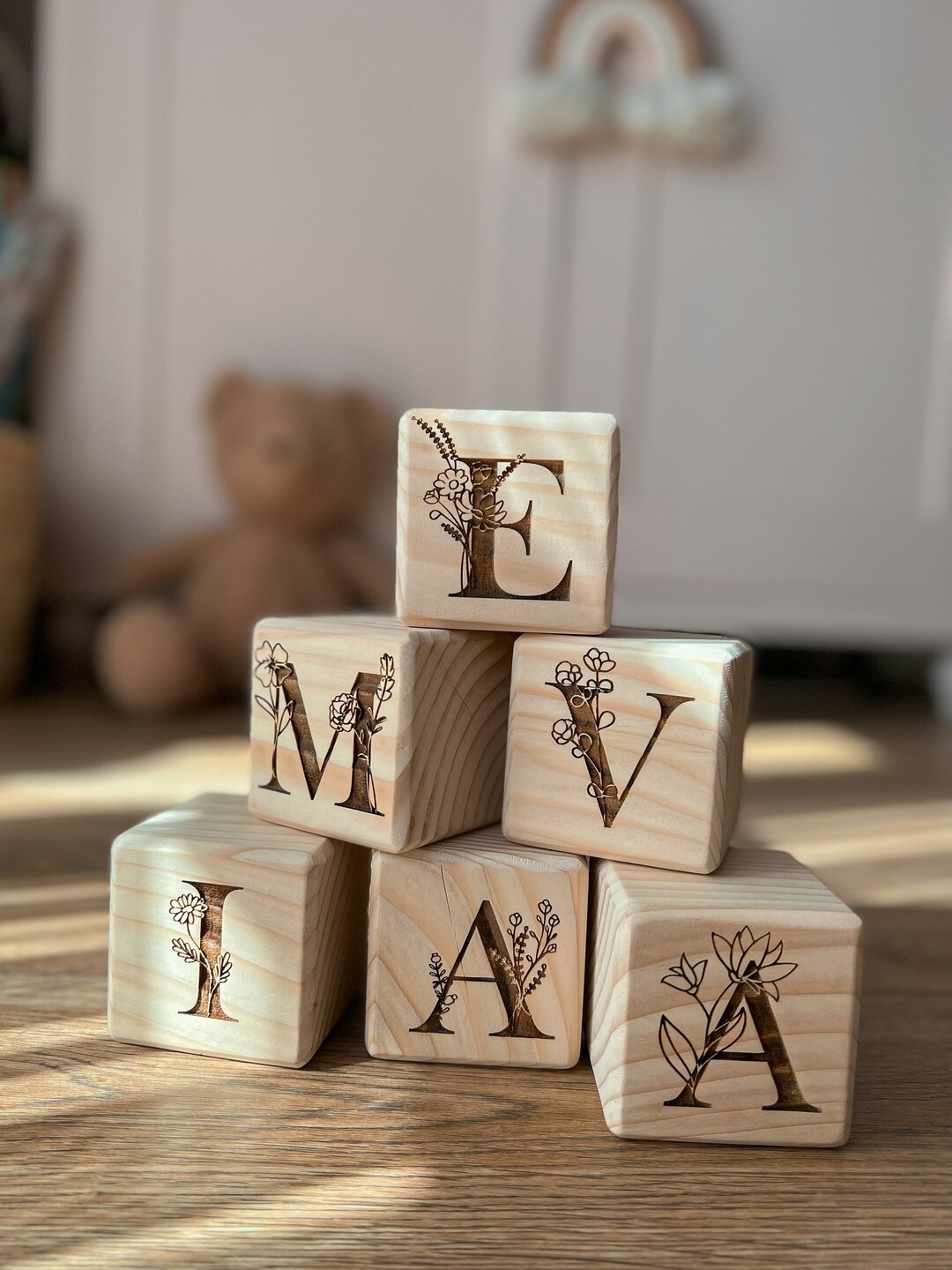 Wooden Floral Blocks - Custom Name Blocks - Flowered Nursery Decor ...