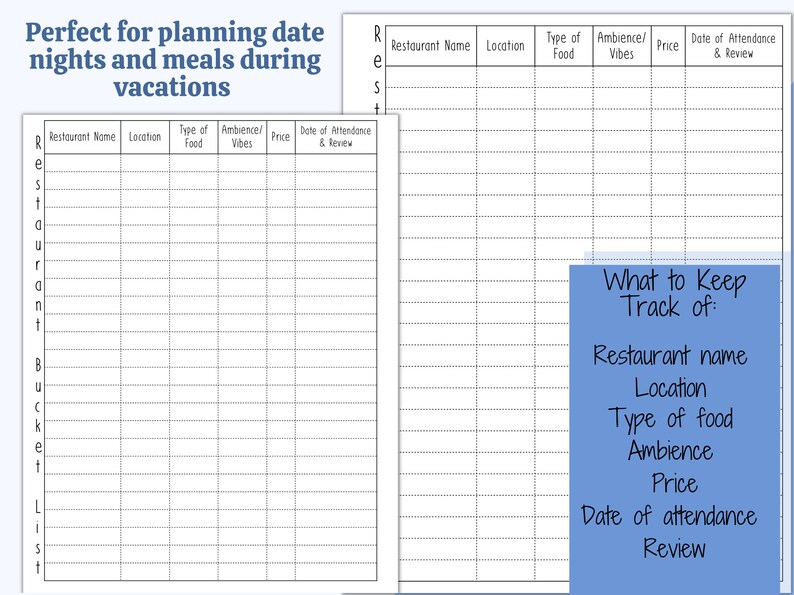 Digital Restaurant Bucket List Template, Instant Download, Printable ...