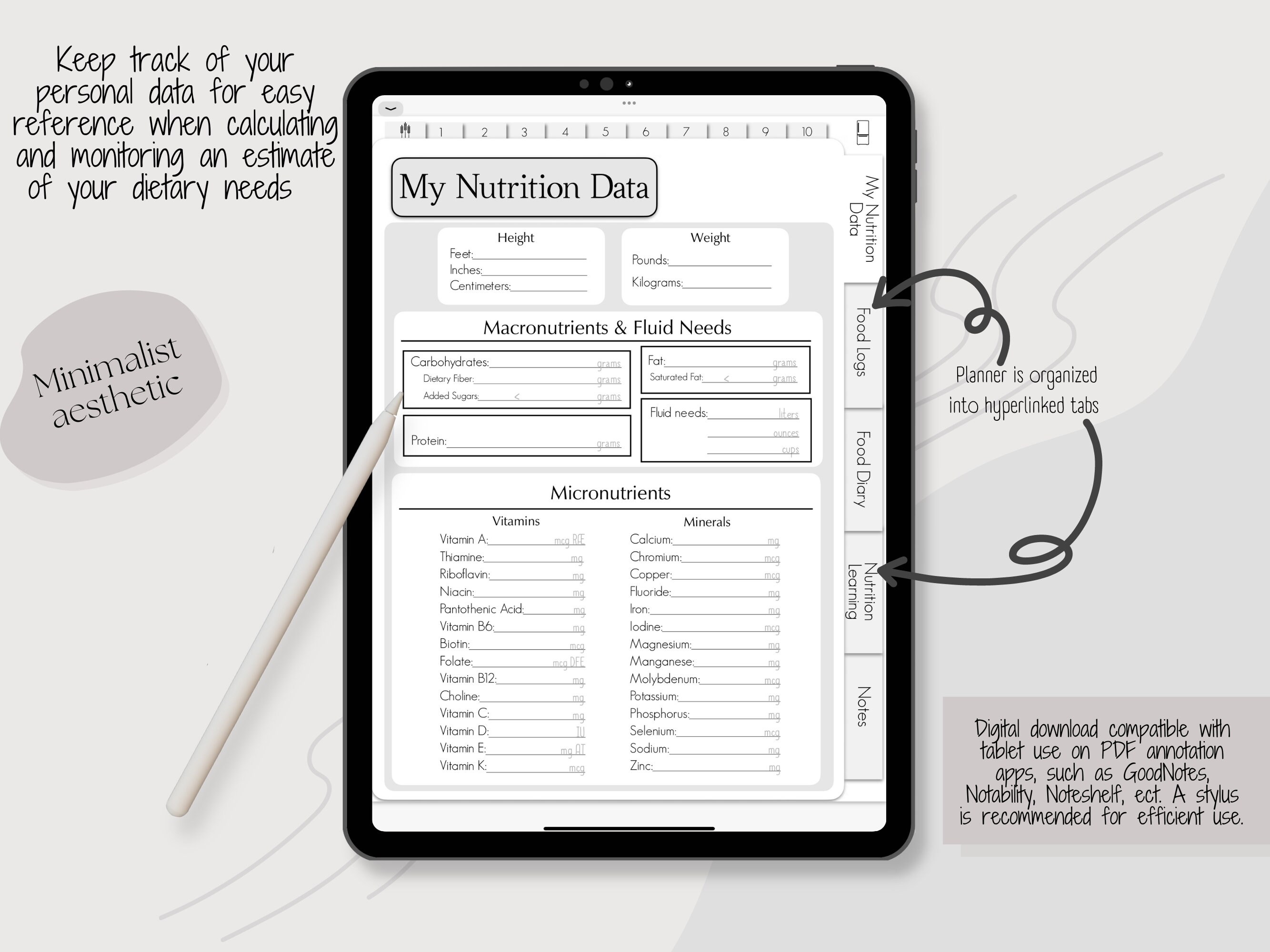 Digital Food Journal and Nutrition Guide, Minimalist, Undated, 5 Meal ...