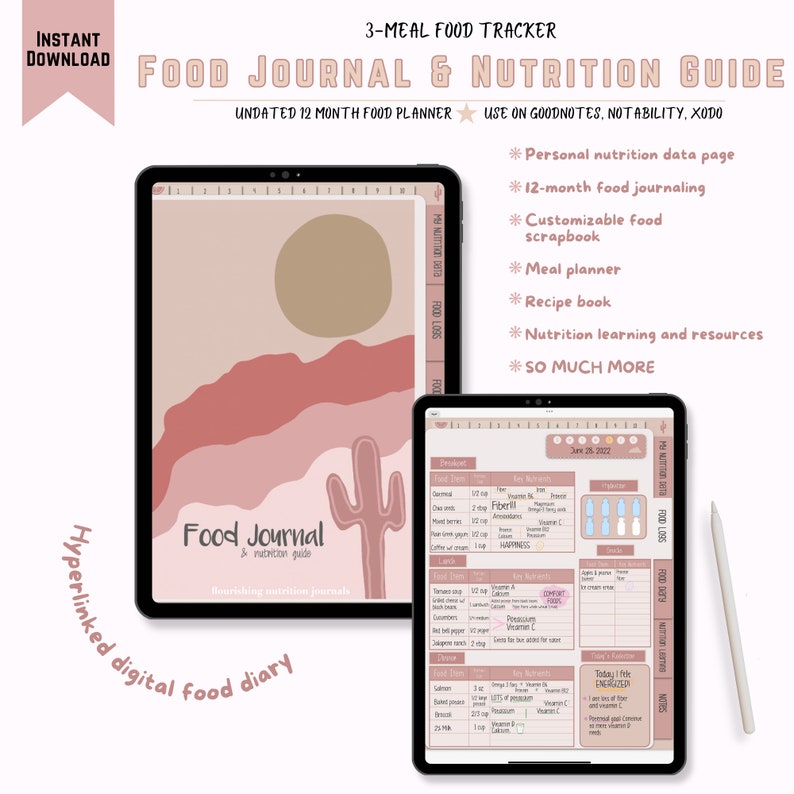 Digital Food Journal and Nutrition Guide, Boho, Undated, 3-meal ...