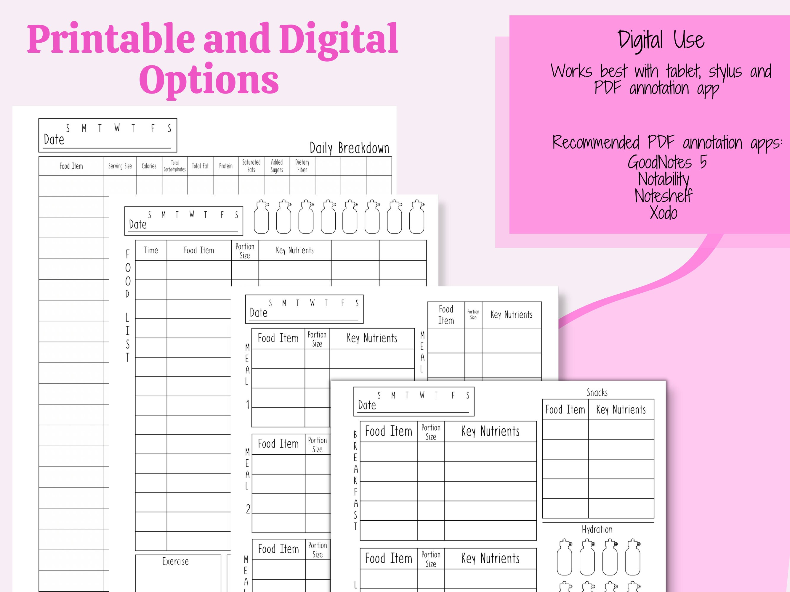 Digital Daily Food Log Template Bundle, Instant Download Nutrition ...