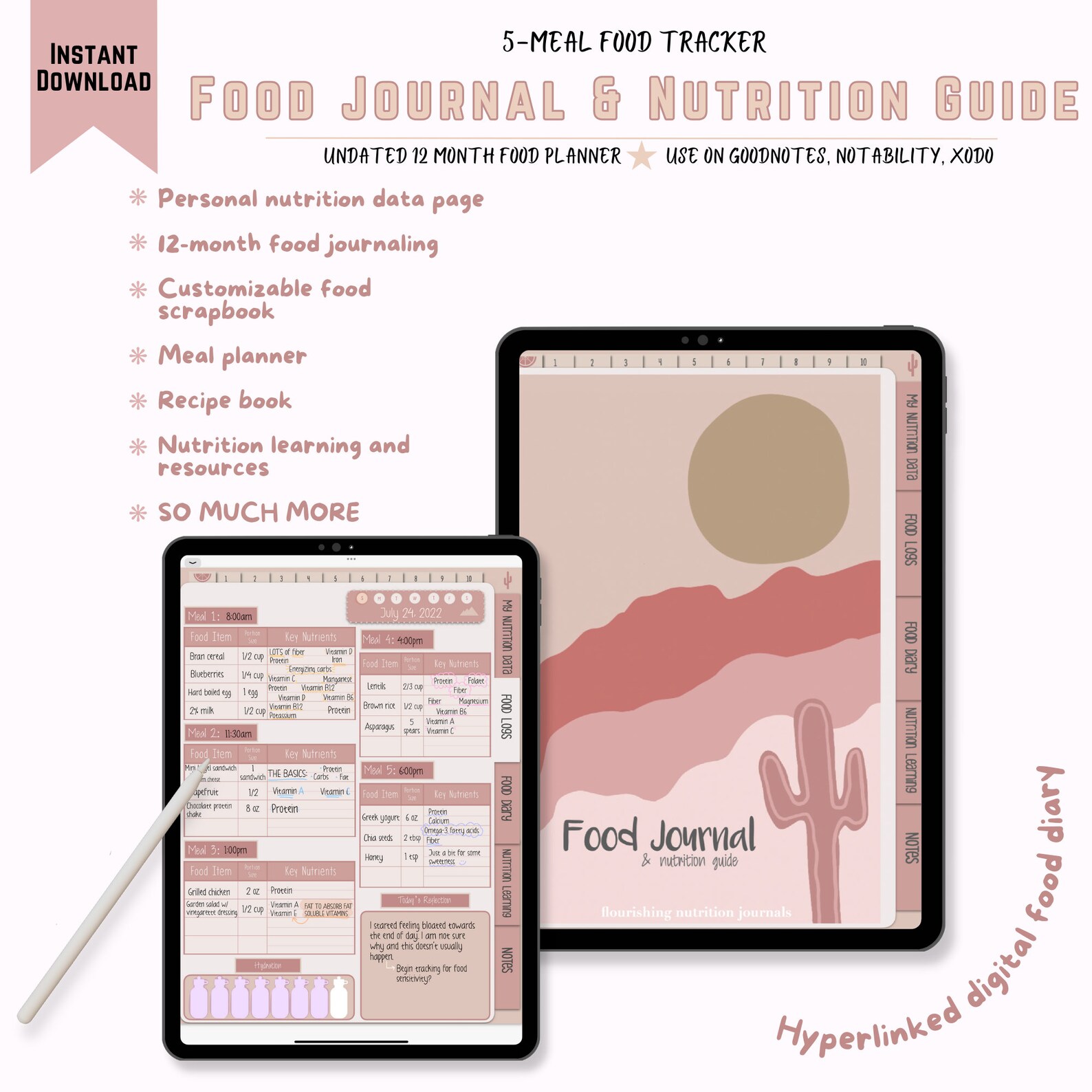 Digital Food Journal and Nutrition Guide, Boho, Undated, 5 Meal ...