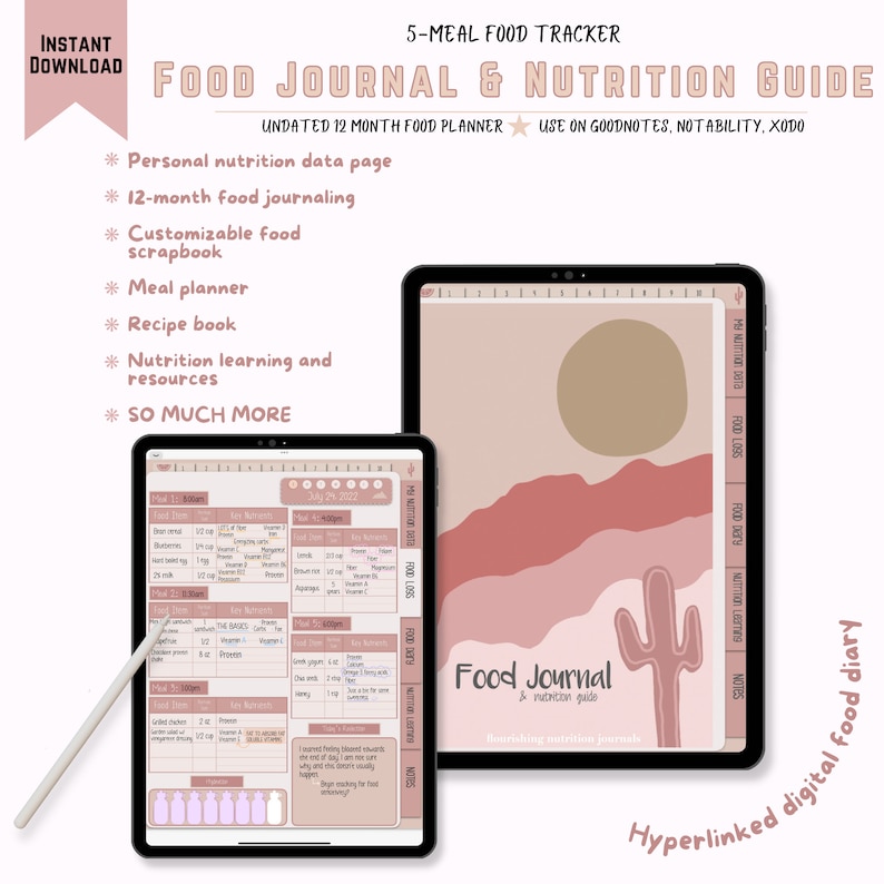 Digital Food Journal and Nutrition Guide, Boho, Undated, 5 Meal ...