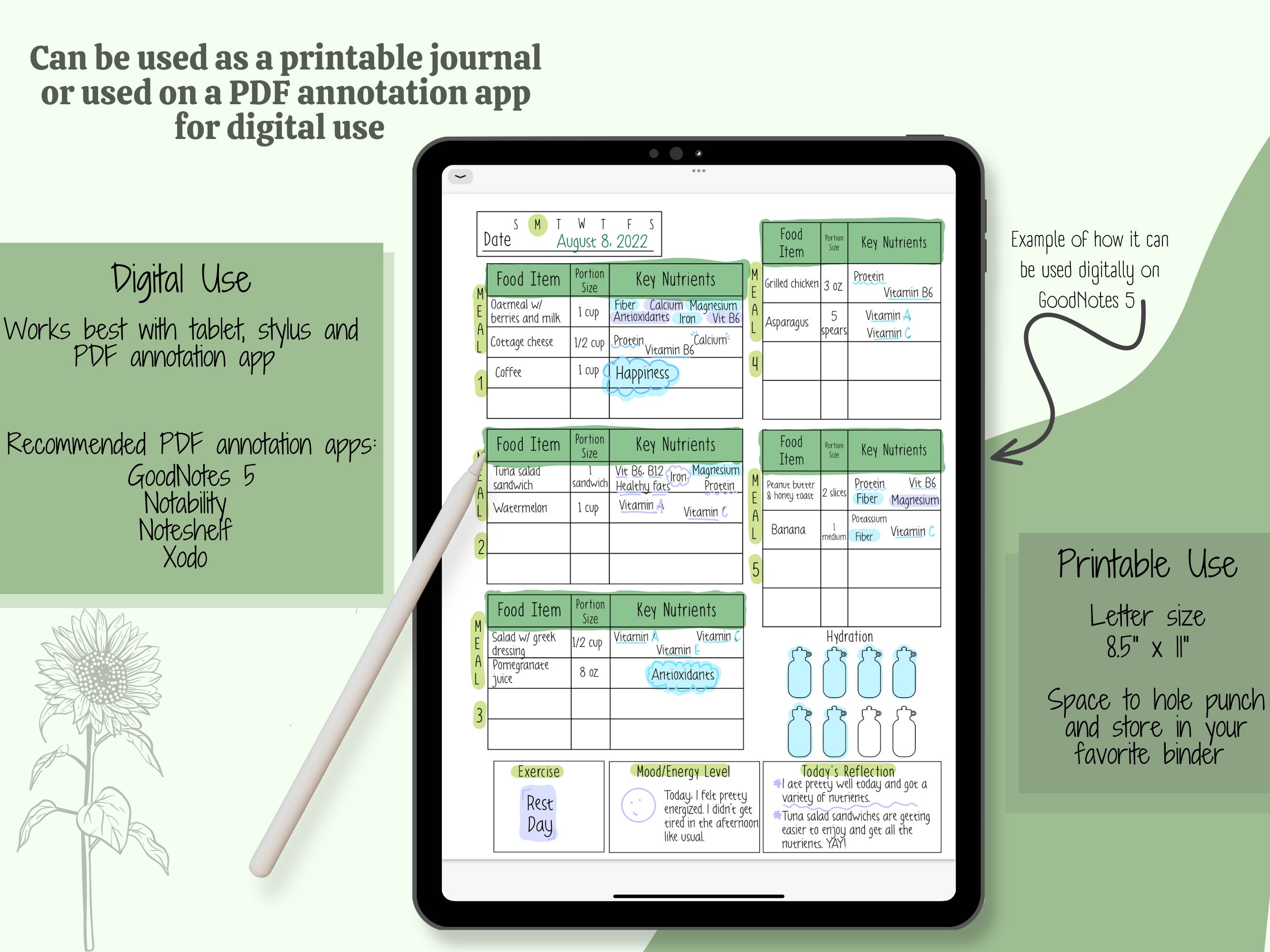 Digital Daily Food Log Template, Instant Download 5-meal Nutrition ...