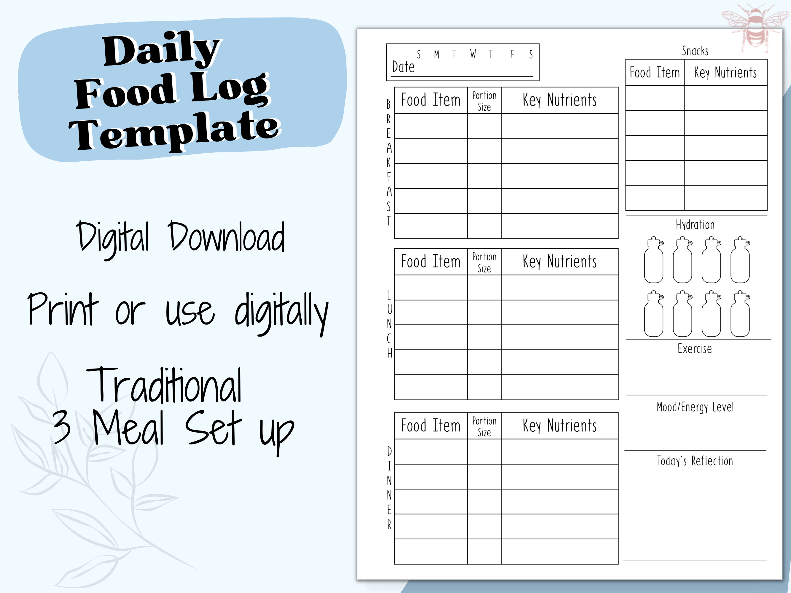Digital Daily Food Log Template, Instant Download 3-meal Nutrition ...