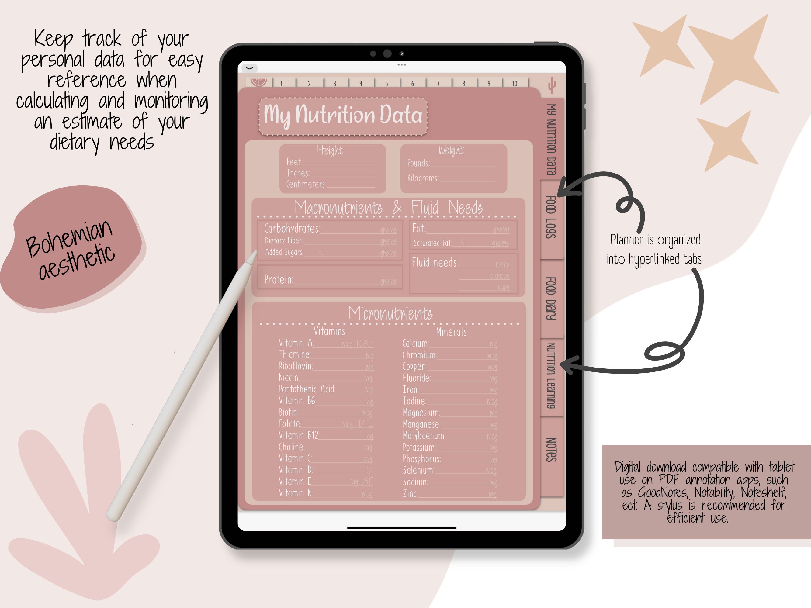 Digital Food Journal and Nutrition Guide, Boho, Undated, 3-meal ...