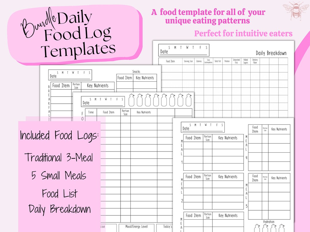 Digital Daily Food Log Template Bundle Instant Download Etsy