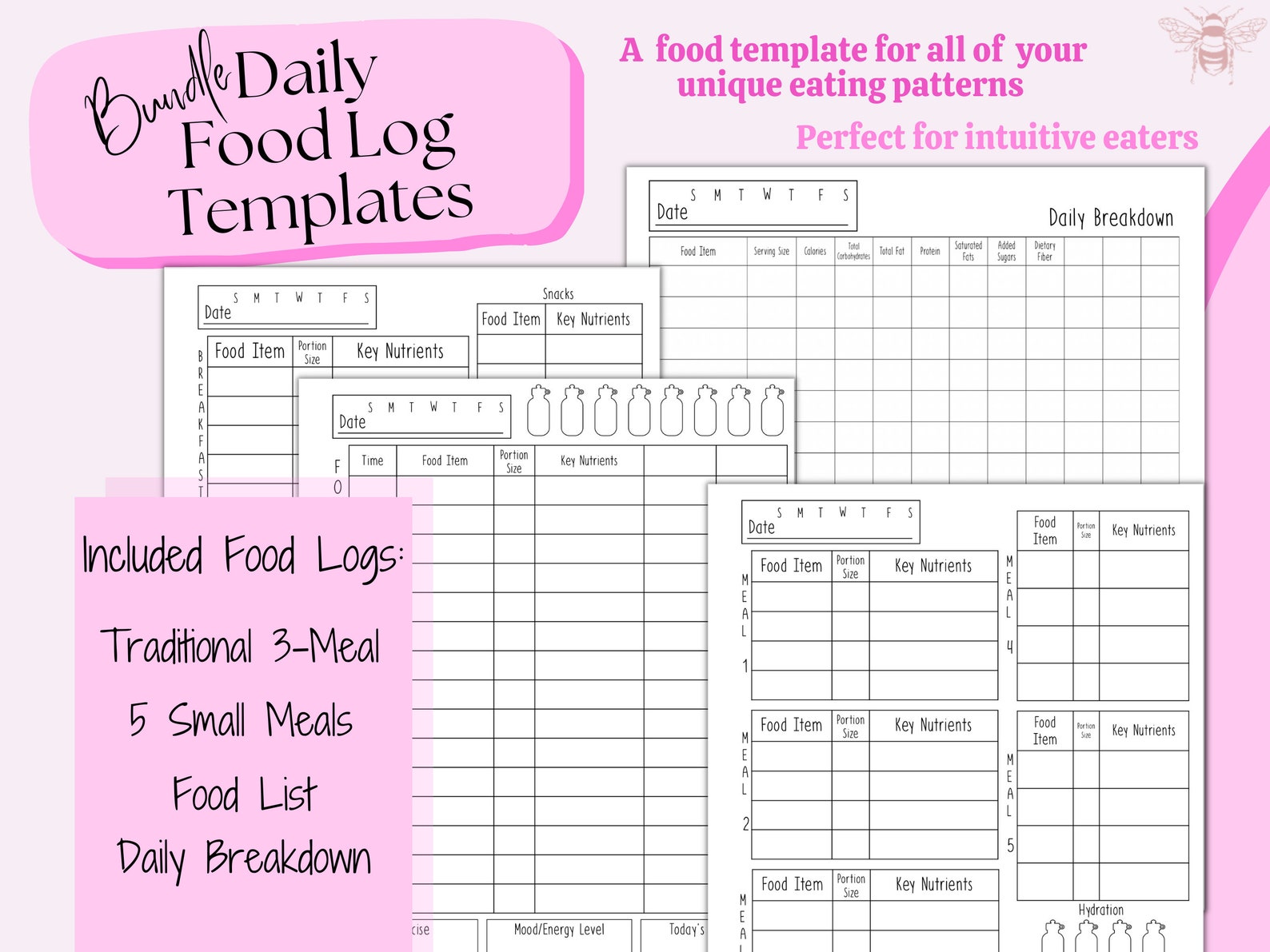 Digital Daily Food Log Template Bundle, Instant Download Nutrition ...