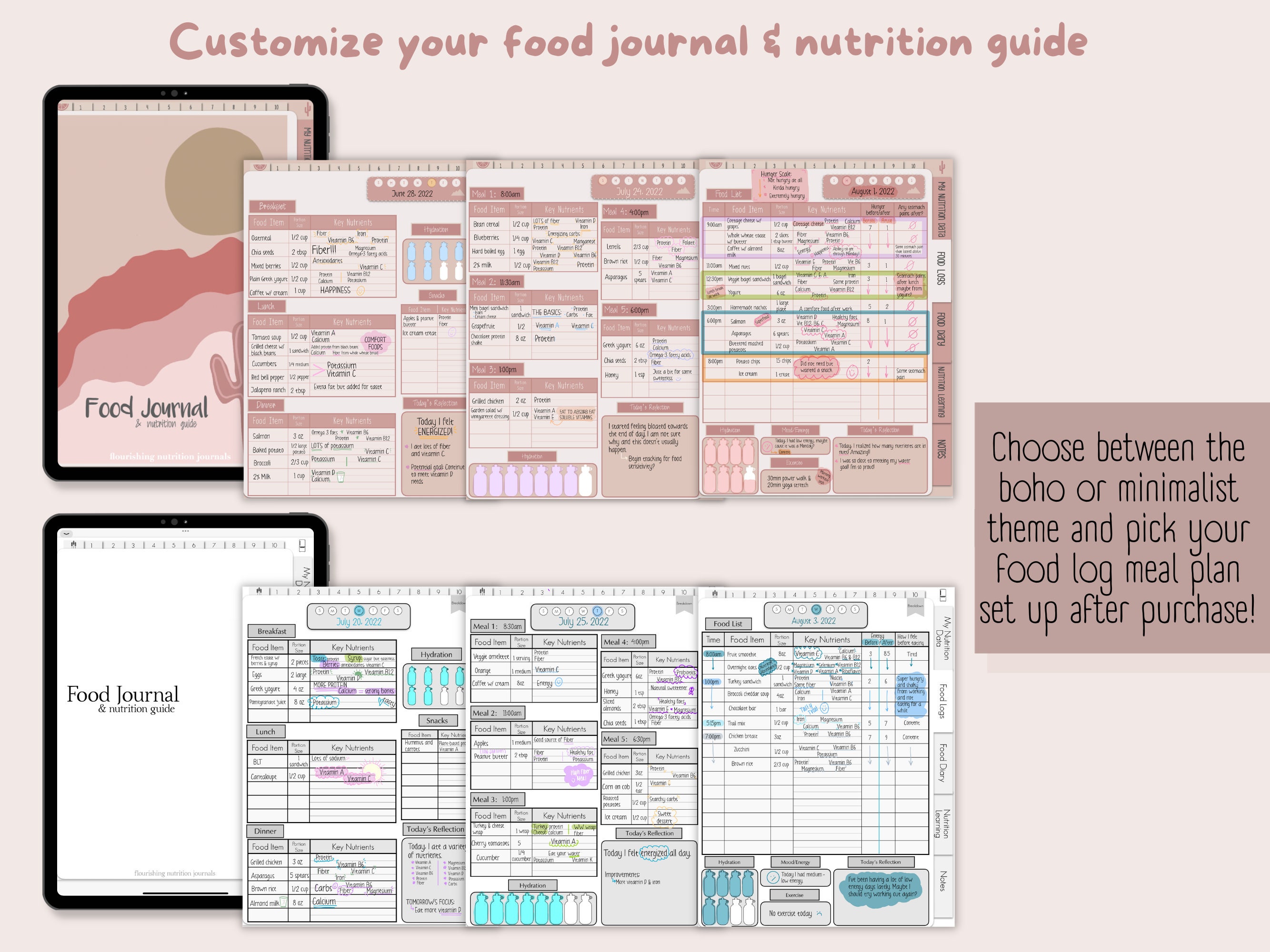 Digital Food Journal and Nutrition Guide, Boho, Undated, 3-meal ...