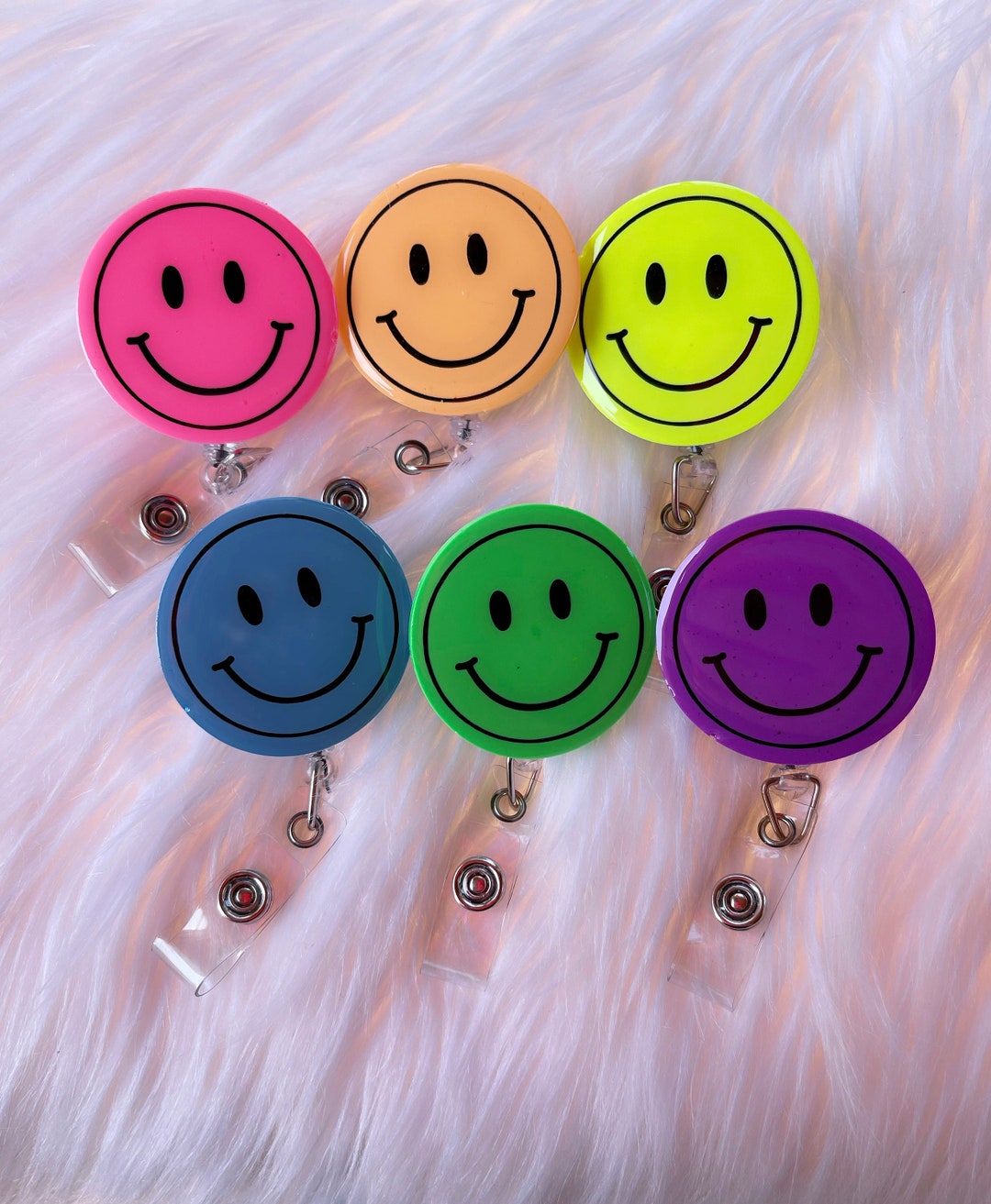 Neon Smiley Face Badge Reel ID Badge - Etsy