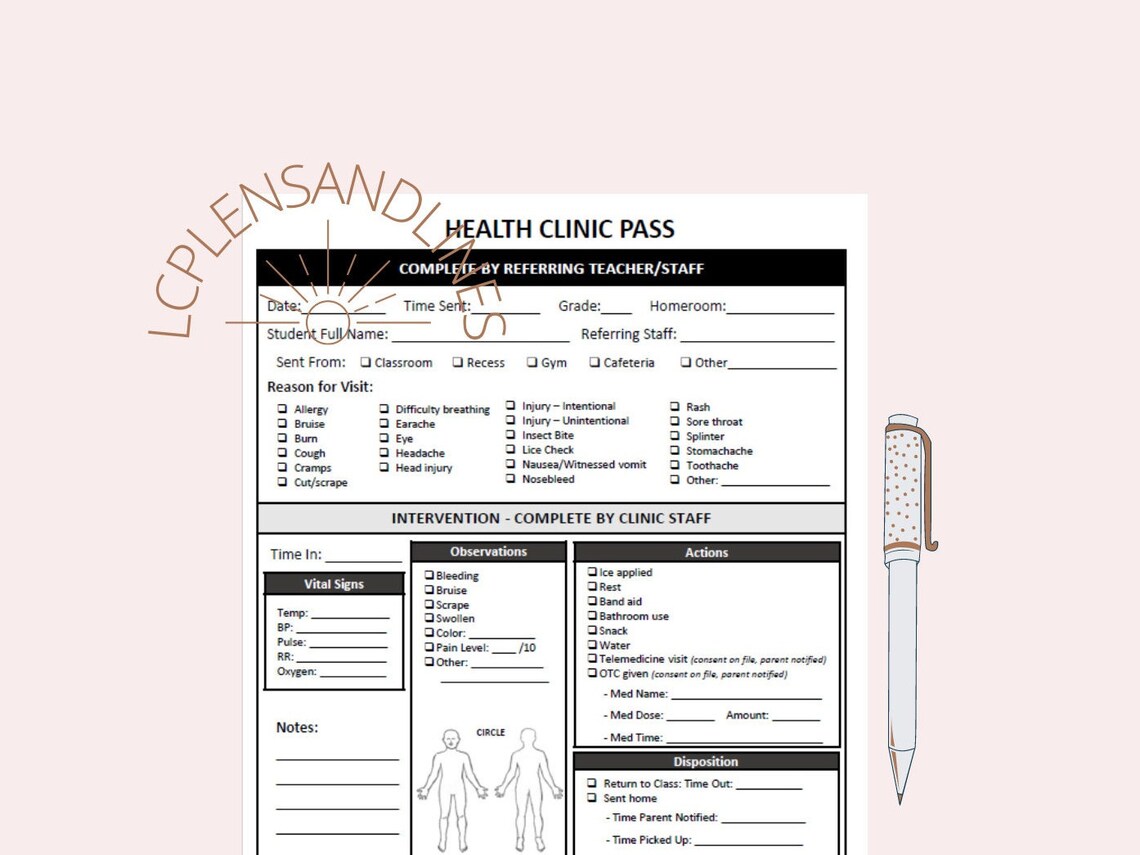 School Nurse Clinic Pass I Health Clinic Pass I Printable I - Etsy