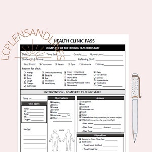 School Nurse Clinic Pass I Health Clinic Pass I Printable I Instant ...