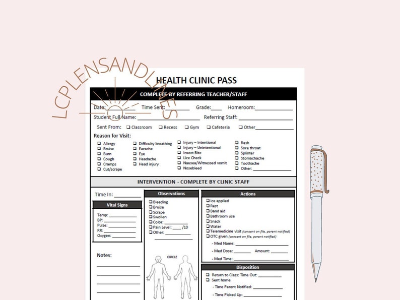 School Nurse Clinic Pass I Health Clinic Pass I Printable I Instant ...