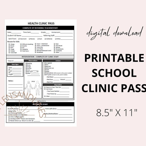 School Nurse Clinic Pass I Health Clinic Pass I Printable I - Etsy