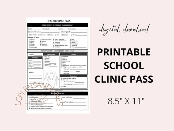 School Nurse Clinic Pass I Health Clinic Pass I Printable I - Etsy