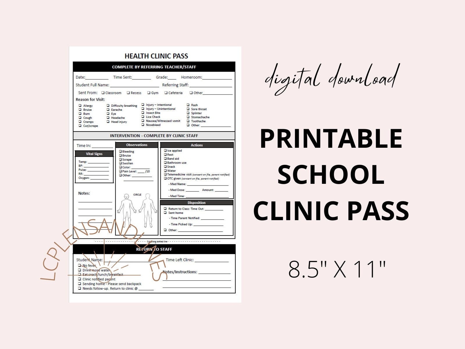 School Nurse Clinic Pass I Health Clinic Pass I Printable I Instant ...