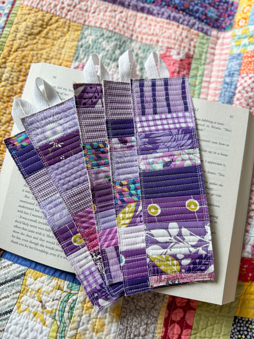 Purple Quilted Bookmarks Set of Five, Quilted Page Keeper, Scrappy ...
