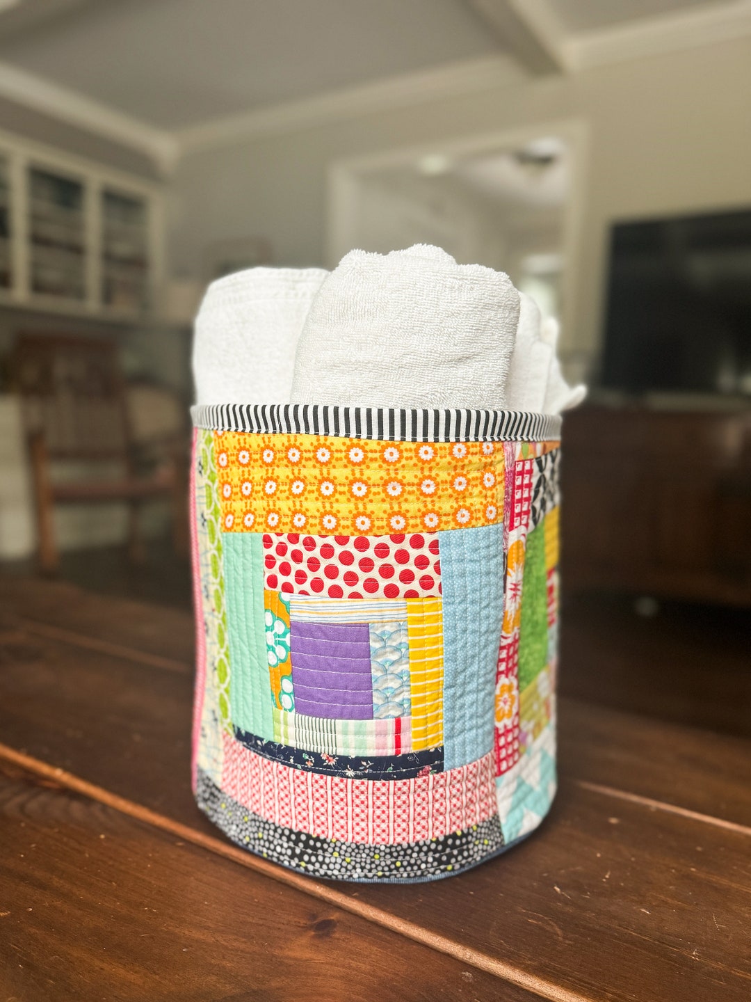 Large Quilted Basket, Colorful Scrappy Quilted Storage Bucket ...