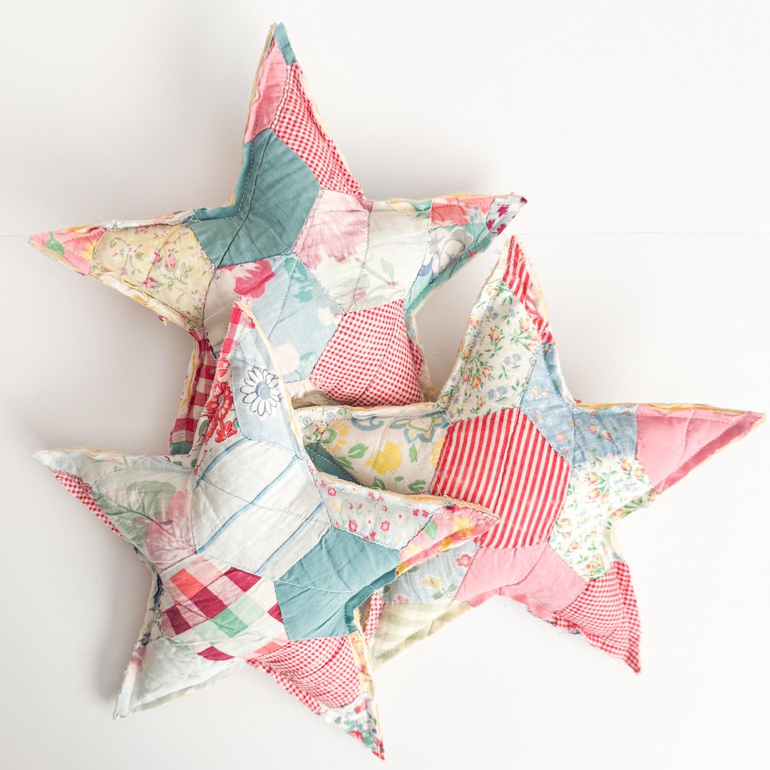 Vintage Quilt Stars, Set of 3, Hand-cut Quilted Star Pillows, Antique ...