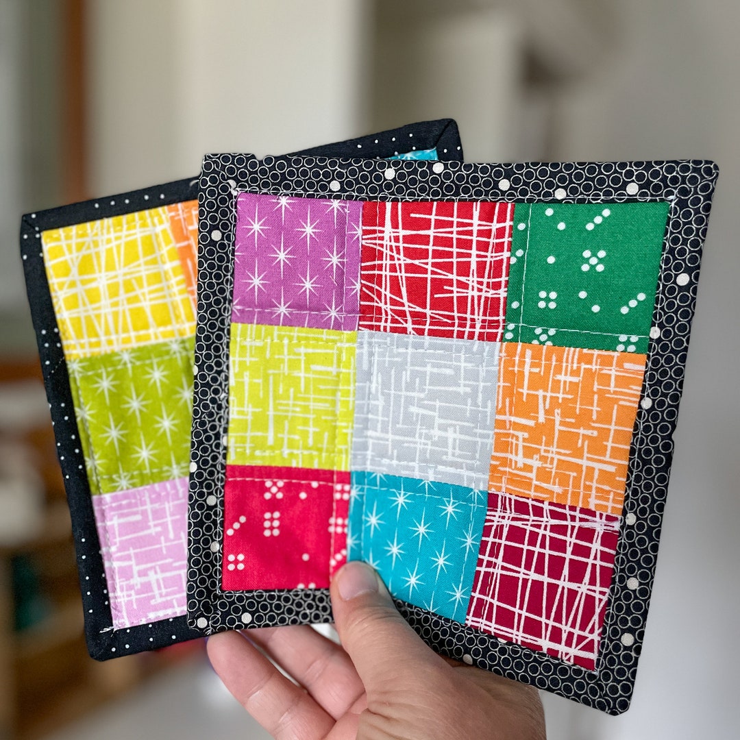 Quilted Patchwork Mug Rug Set of Two, Colorful Coffee Coasters, Mug Mat ...
