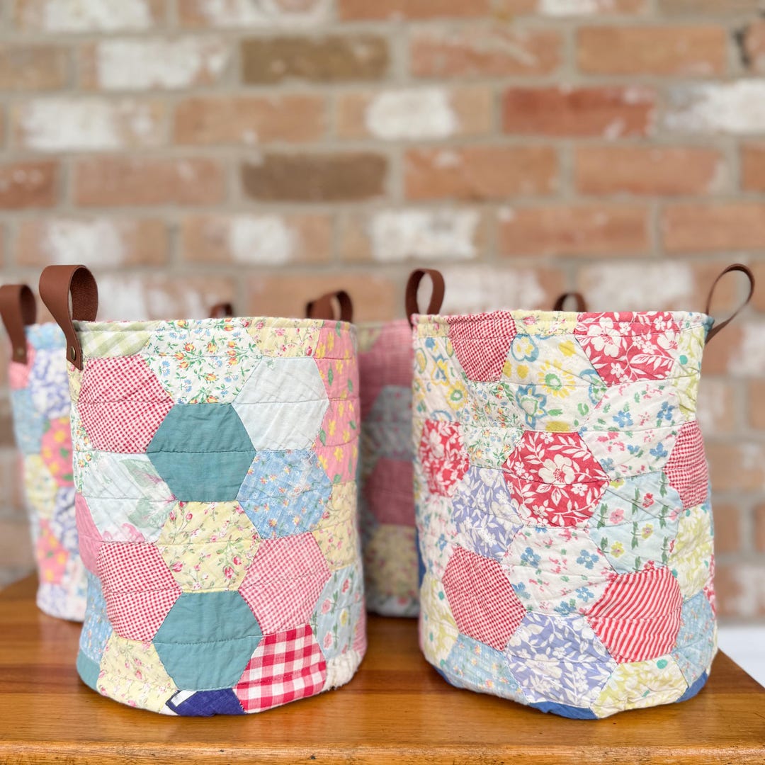 Vintage Quilt Basket, Antique Quilt Bucket, Vintage Quilt Tote, Cottage ...