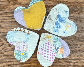 Small Vintage Quilt Hearts, Set of 7, Valentine Hearts, Heart Ornaments ...