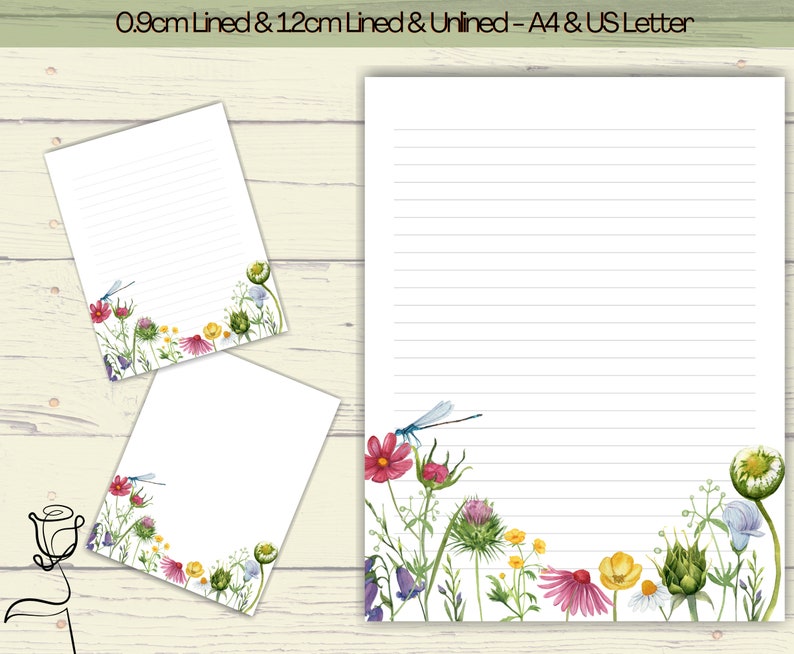Printable Stationery A4 and US Letter Size Dragonfly and Flowers ...