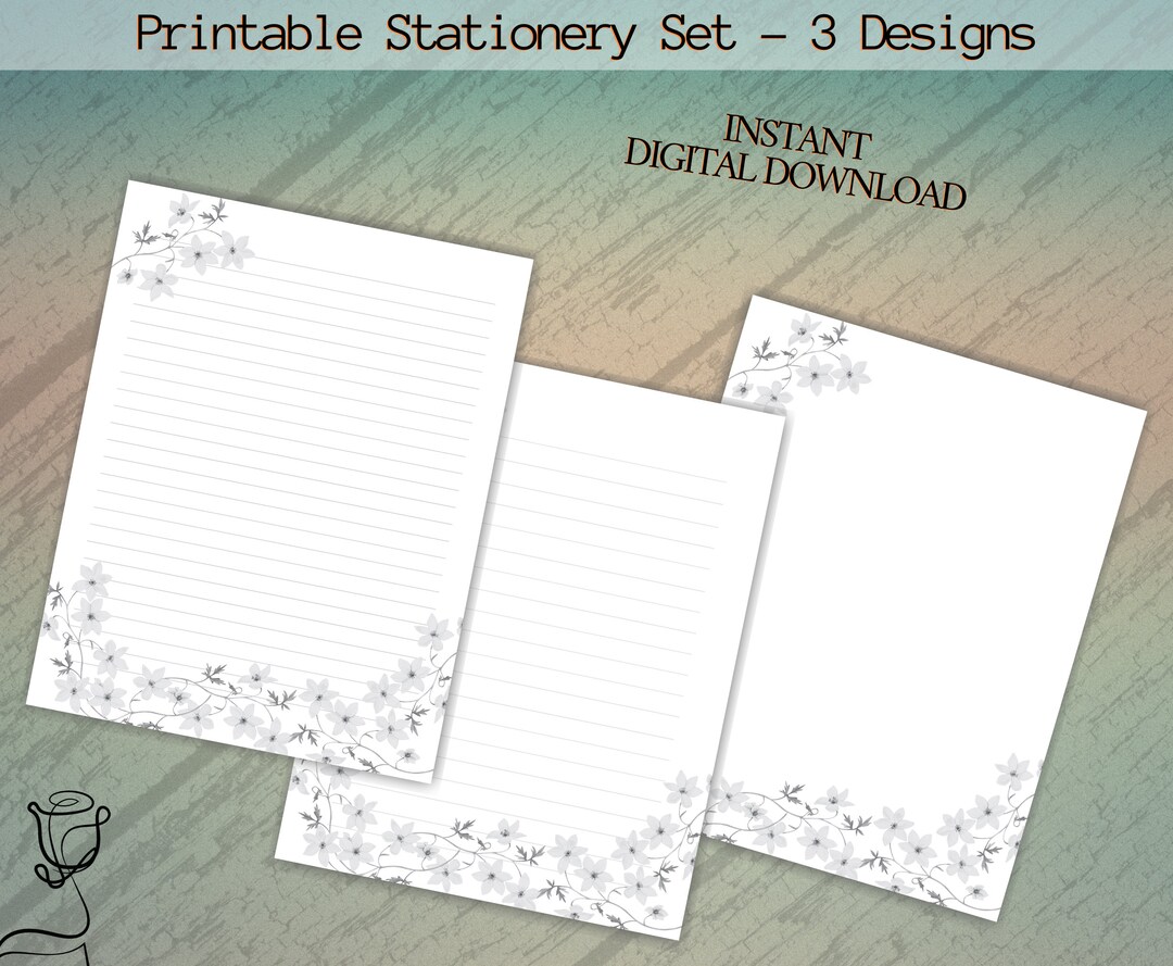 Printable Stationery A4 and US Letter Size Blue Flowers Digital ...