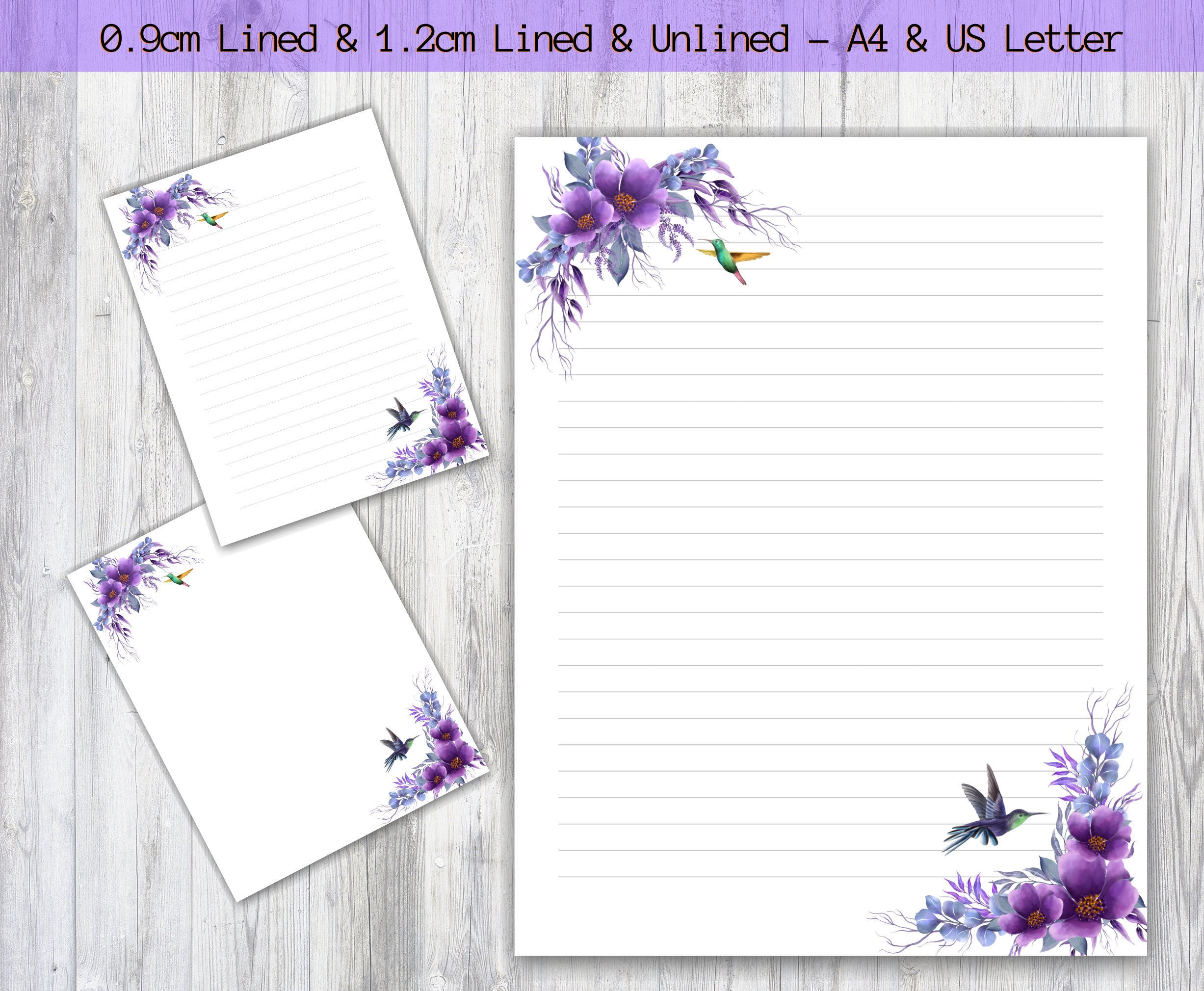 Printable Stationery A4 and US Letter Size Purple Flowers & Bird ...