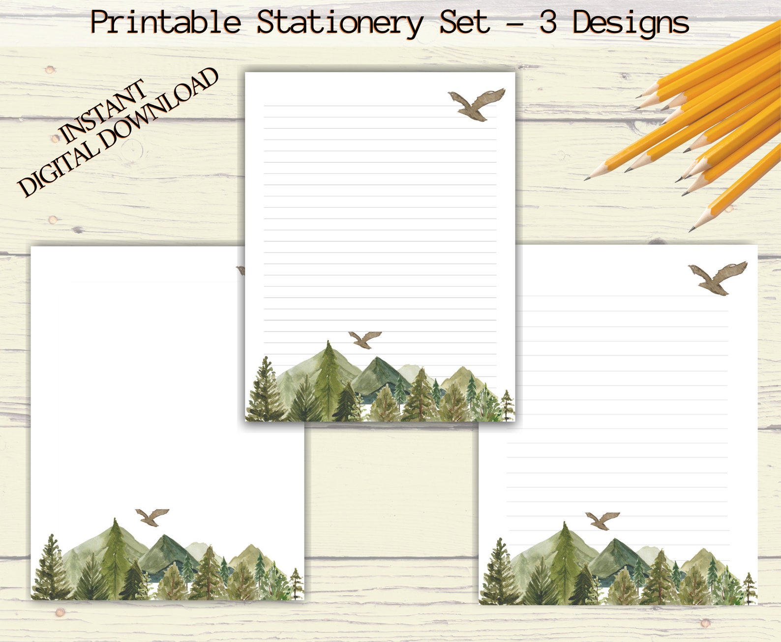 Printable Stationery A4 and US Letter Size Mountain Trees Eagle Digital ...