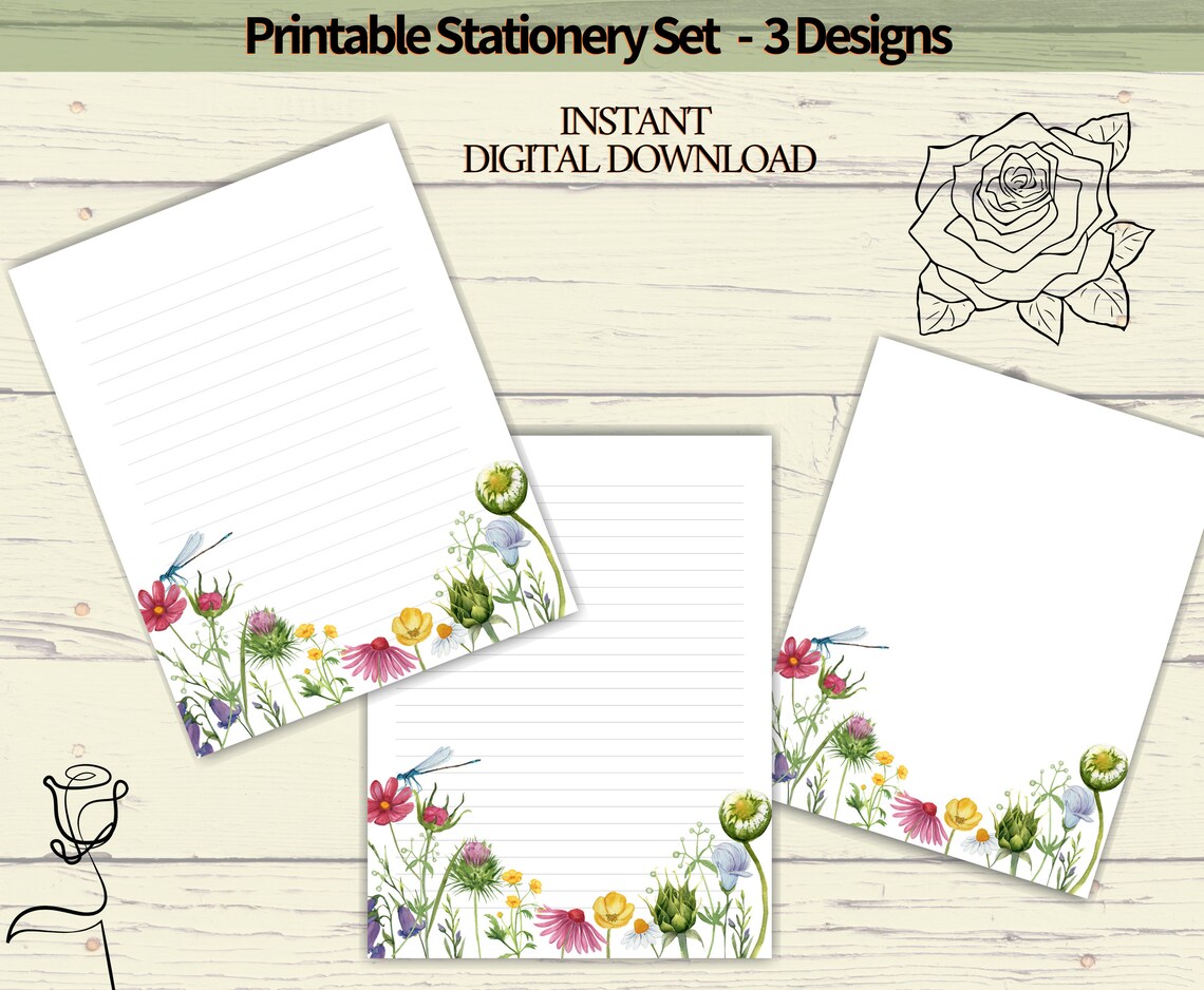 Printable Stationery A4 and US Letter Size Dragonfly and Flowers ...