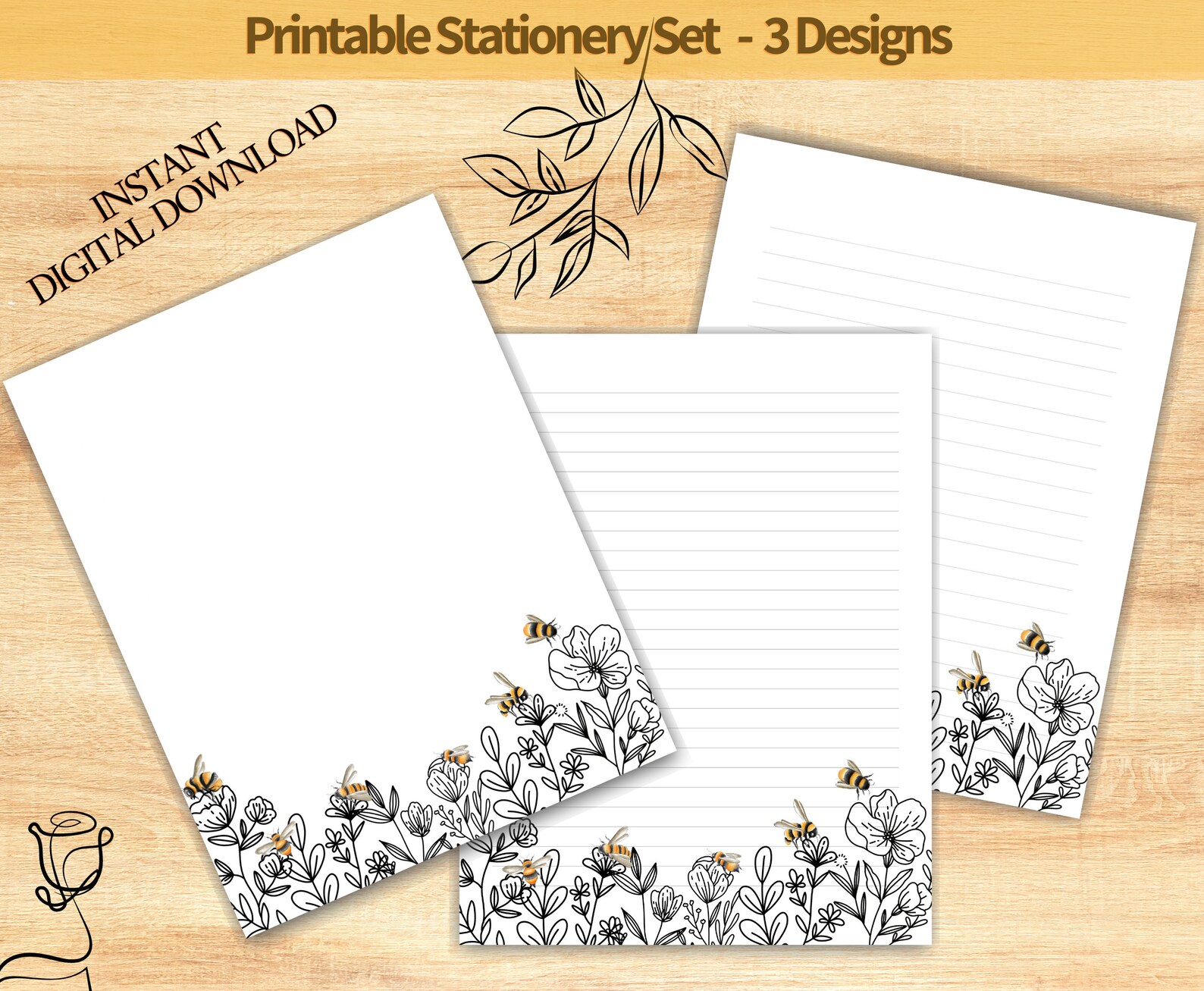 Printable Stationery A4 and US Letter Size Bee and Flowers Digital ...