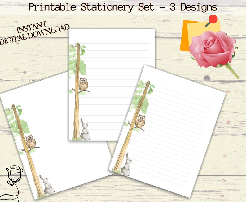 Printable Stationery A4 and US Letter Size Tree Owl Rabbit - Etsy