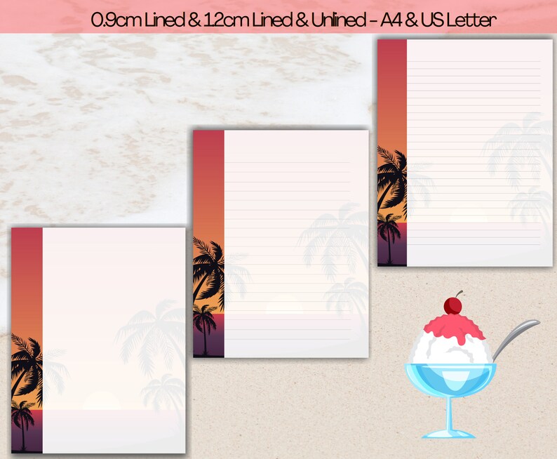 Printable Stationery A4 and US Letter Size palm Tree Beach Digital ...