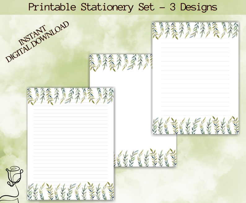 Printable Stationery A4 and US Letter Size Green Leaves Digital ...