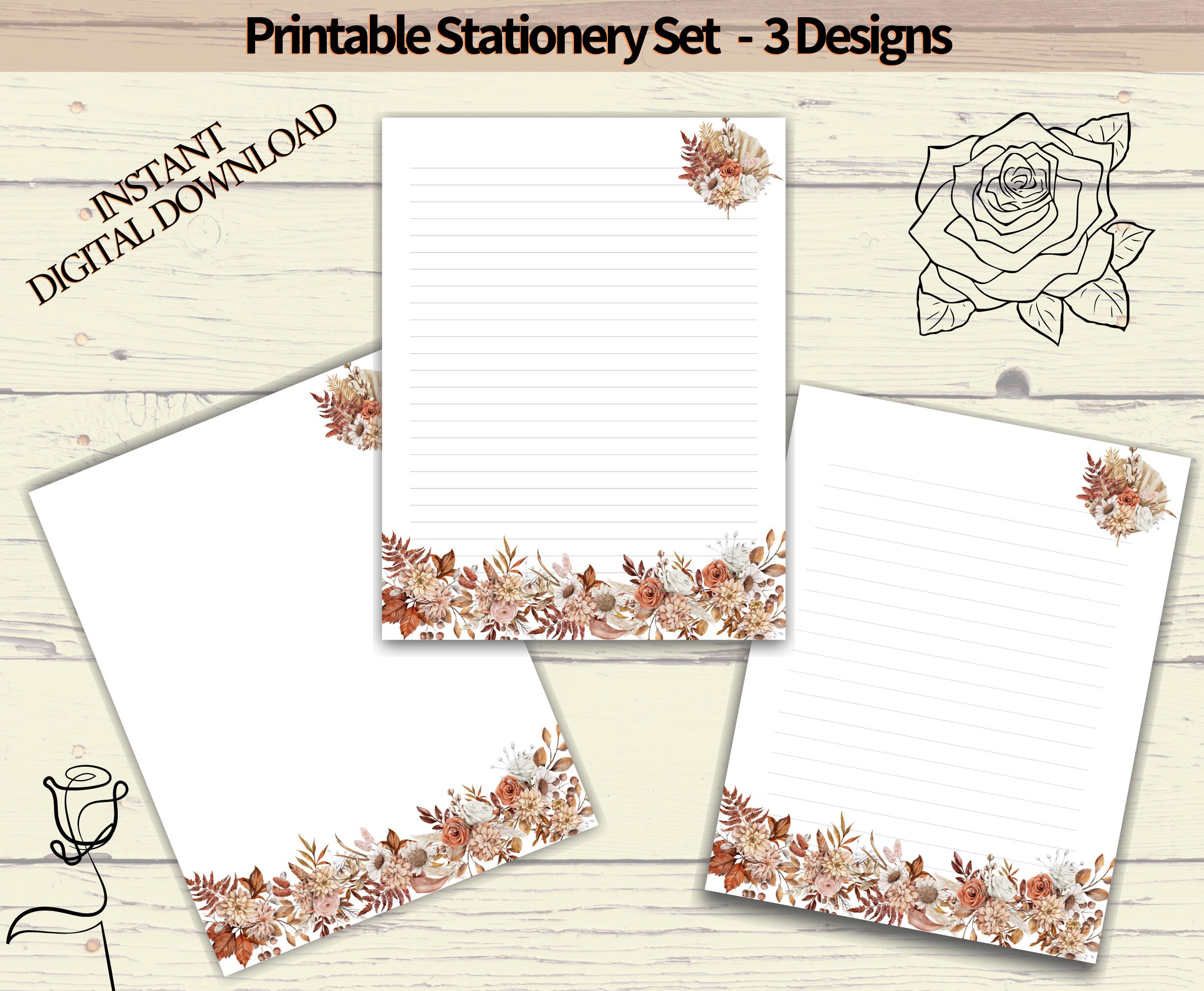 Printable Stationery A4 and US Letter Size Autumn Leaves Flowers ...
