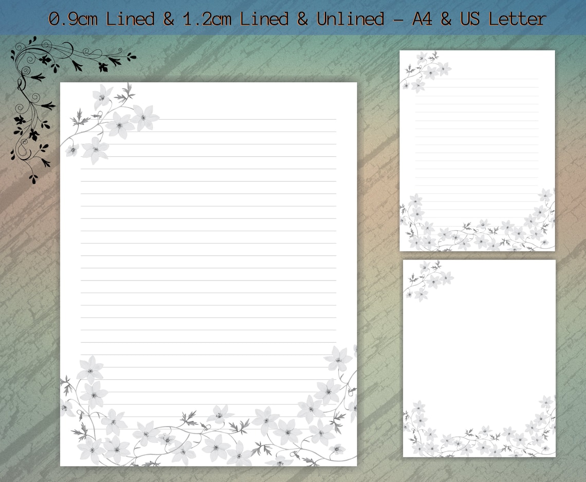 Printable Stationery A4 and US Letter Size Blue Flowers Digital ...