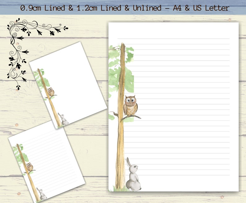 Printable Stationery A4 and US Letter Size Tree Owl Rabbit - Etsy