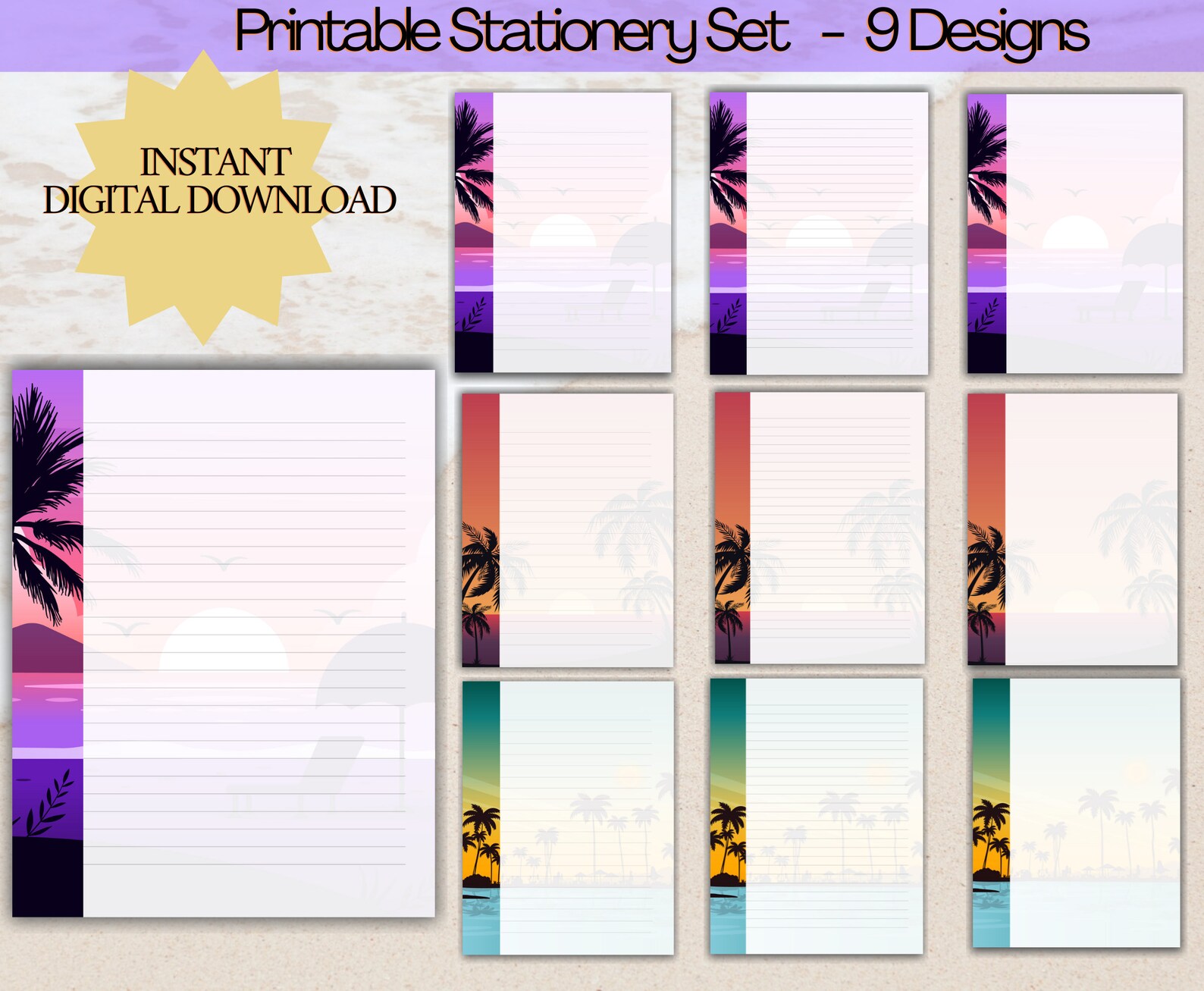 Printable Stationery A4 and US Letter Size palm Tree Beach Digital ...