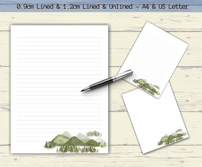 Printable Stationery A4 and US Letter Size Mountain Trees Digital ...