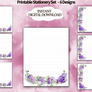 Printable Stationery A4 and US Letter Size Purple Flower Digital ...