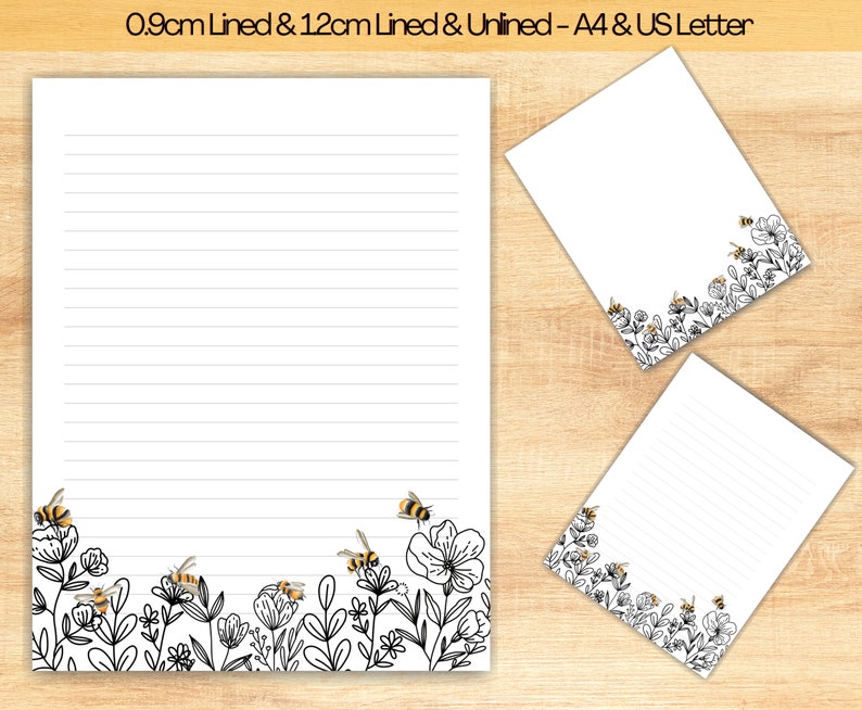 Printable Stationery A4 and US Letter Size Bee and Flowers Digital ...