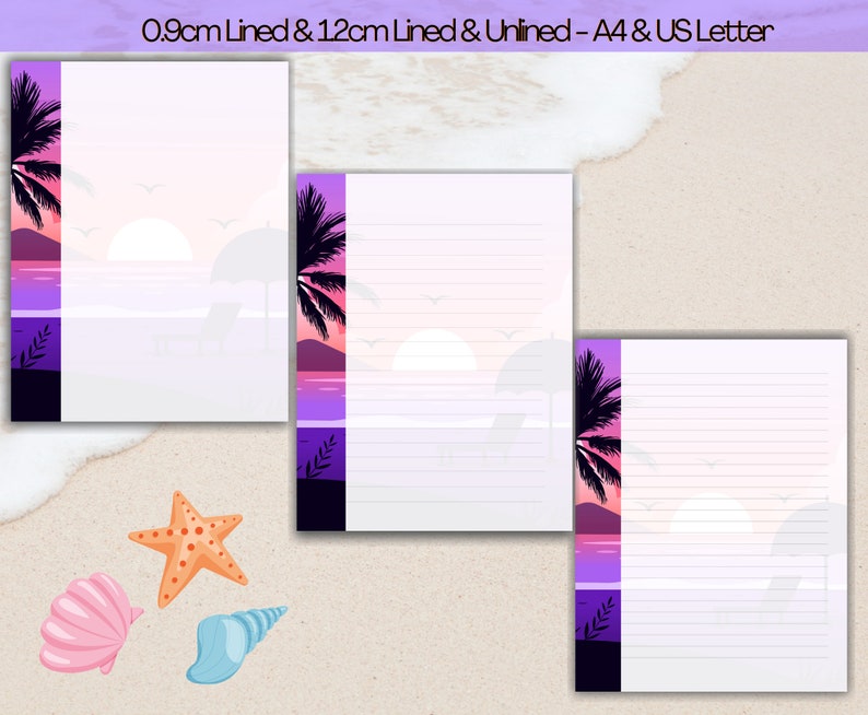 Printable Stationery A4 and US Letter Size palm Tree Beach Digital ...