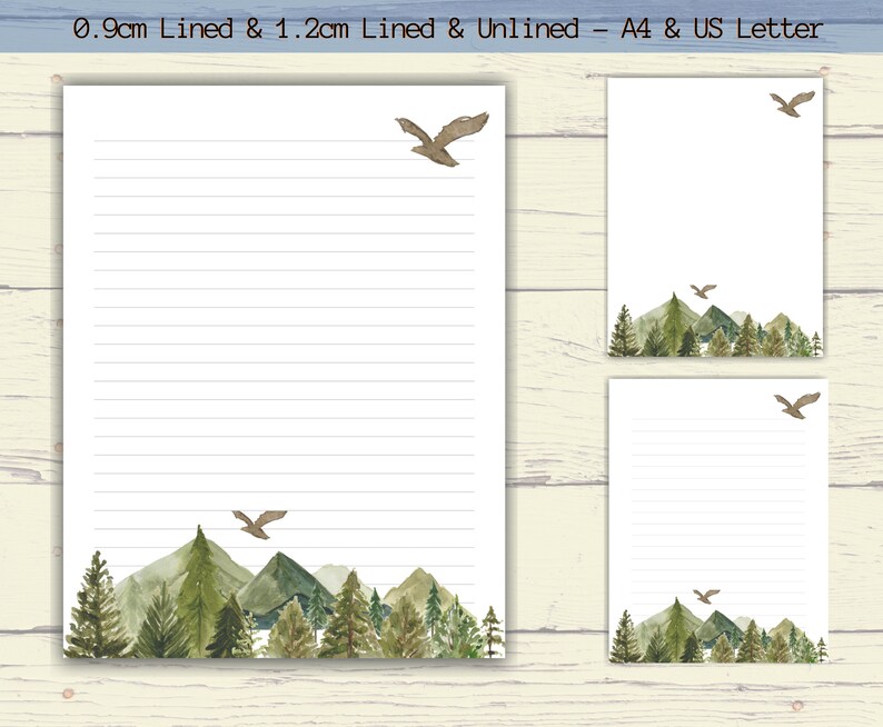 Printable Stationery A4 and US Letter Size Mountain Trees Eagle Digital ...