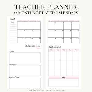Teacher Planner, Printable Download With 12 Months of Dated Calendars ...