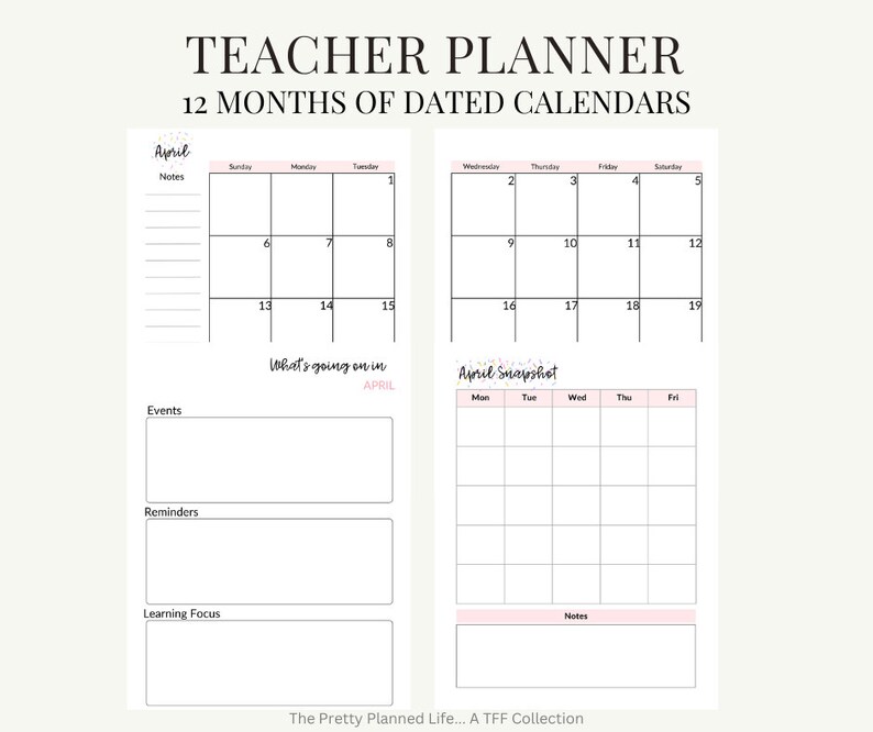 Teacher Planner, Printable Download With 12 Months of Dated Calendars ...