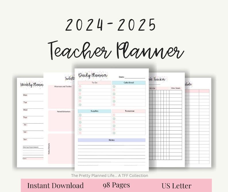 Teacher Planner, Printable Download With 12 Months of Dated Calendars ...